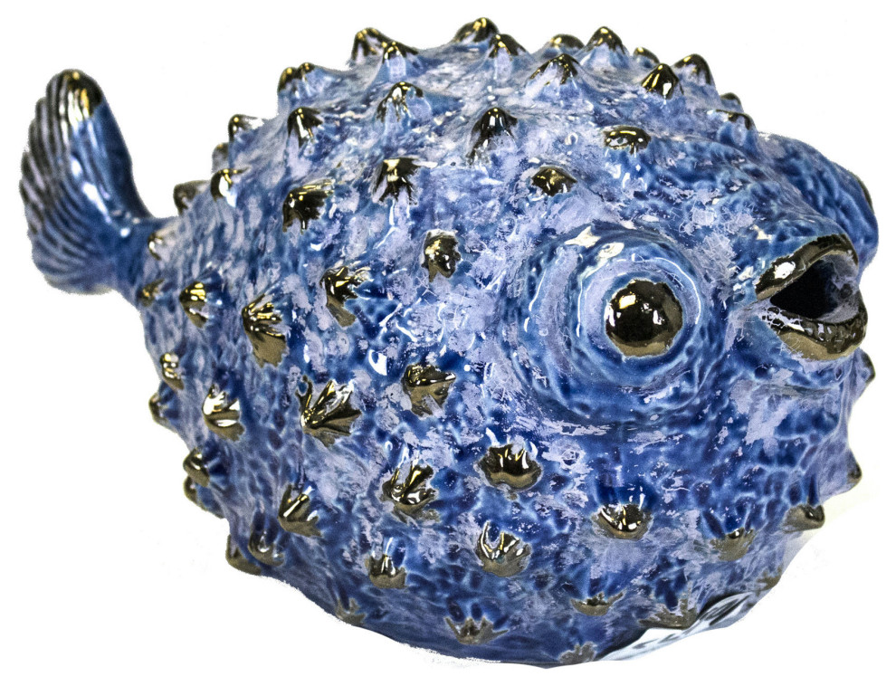 Blue Ceramic Puffer Fish 10" - Beach Style - Decorative Objects And ...