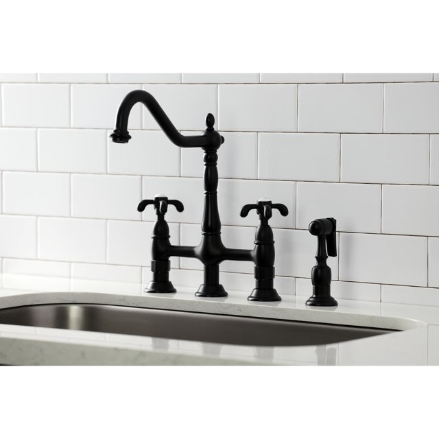 French Country Bridge Kitchen Faucet with Brass Sprayer and Curved ...