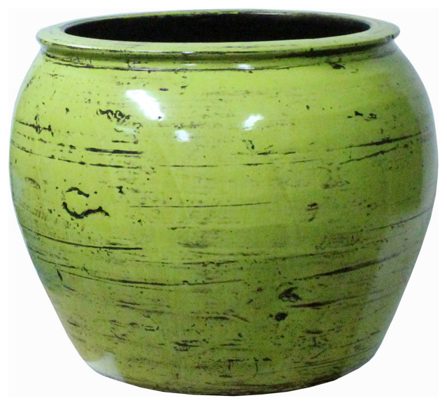 Chinese Ceramic Distressed Light Lime Green Round Planter Pot Hws1437 ...