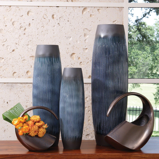 Luxe Denim Ink Blue Tall Ribbed Vase 24" Retro Modern Mid Century ...