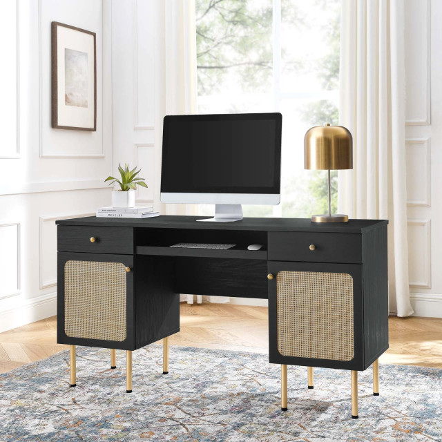Cane Desk, Black Ebony Wood Rattan Office Desk, Wooden Home Office Desk ...