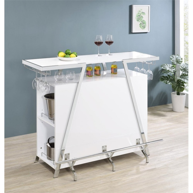Pemberly Row Contemporary Wood Home Bar with Shelf in White and Chrome ...