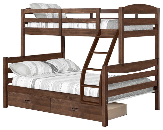 HomeRoots Transitional Brown Finish Twin over Full Bunk Bed With 2 ...