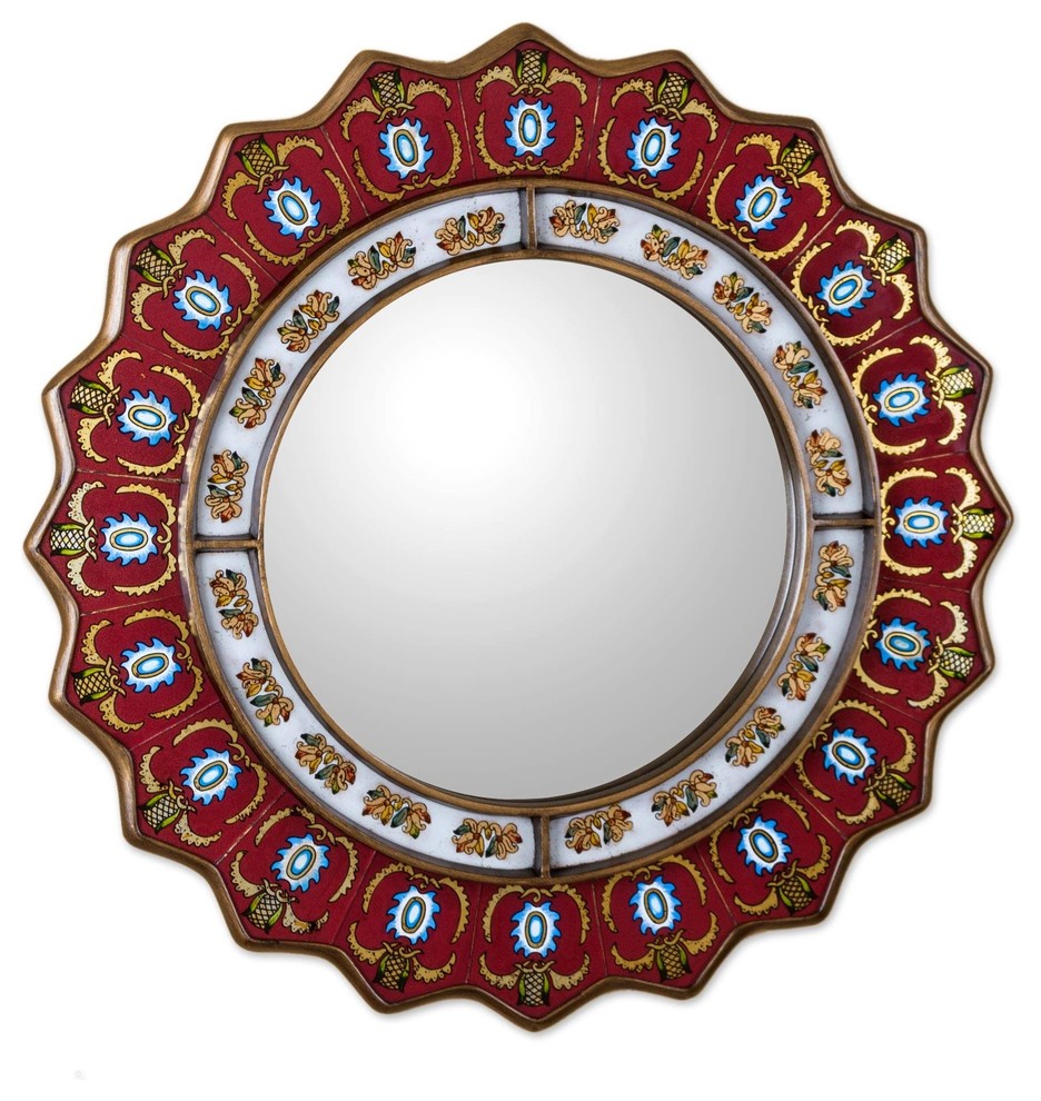 Handmade Ruby Medallion Reverse-painted glass wall mirror - Peru ...