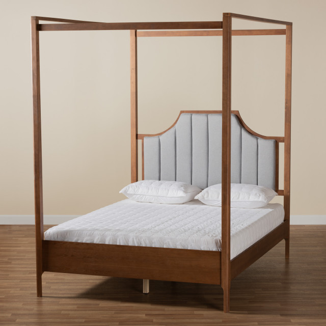 Dakota Light Grey Fabric and Ash Walnut Wood Queen Size Platform Canopy ...