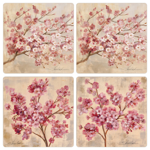 Cherry Blossoms Stone Coasters, Set of 8, 4.5x1.38x1.38 - Transitional ...