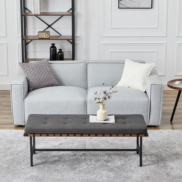 Woven Leather Bench with Cushion, 48in - Transitional - Dining Benches ...