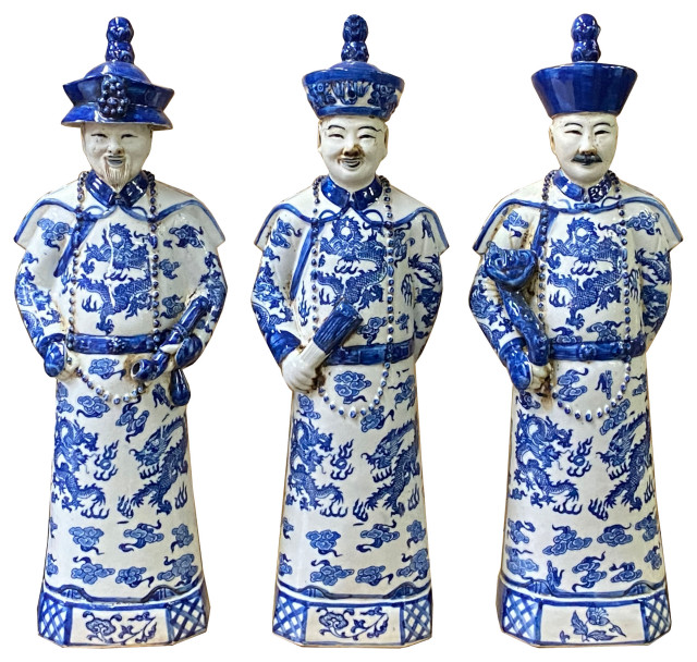 Chinese Blue White 3 Standing Ching Qing Emperor Kings Figure Set ...