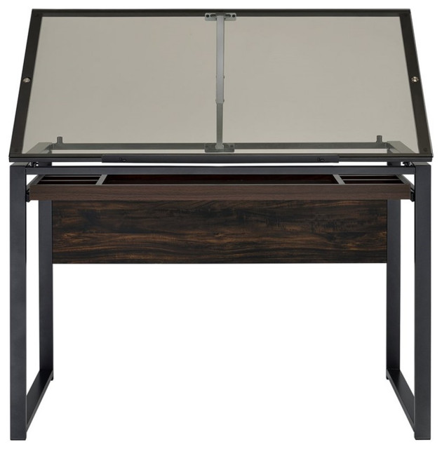 Pemberly Row Glass Top Drafting Desk in Dark Gunmetal and Chestnut ...