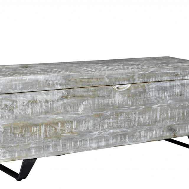 46" Whitewash Gray And Black Solid Wood Entryway Bench with Flip Top ...