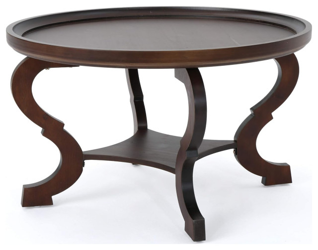 Traditional Coffee Table, Curved Legs & Round Top With Raised Edges ...
