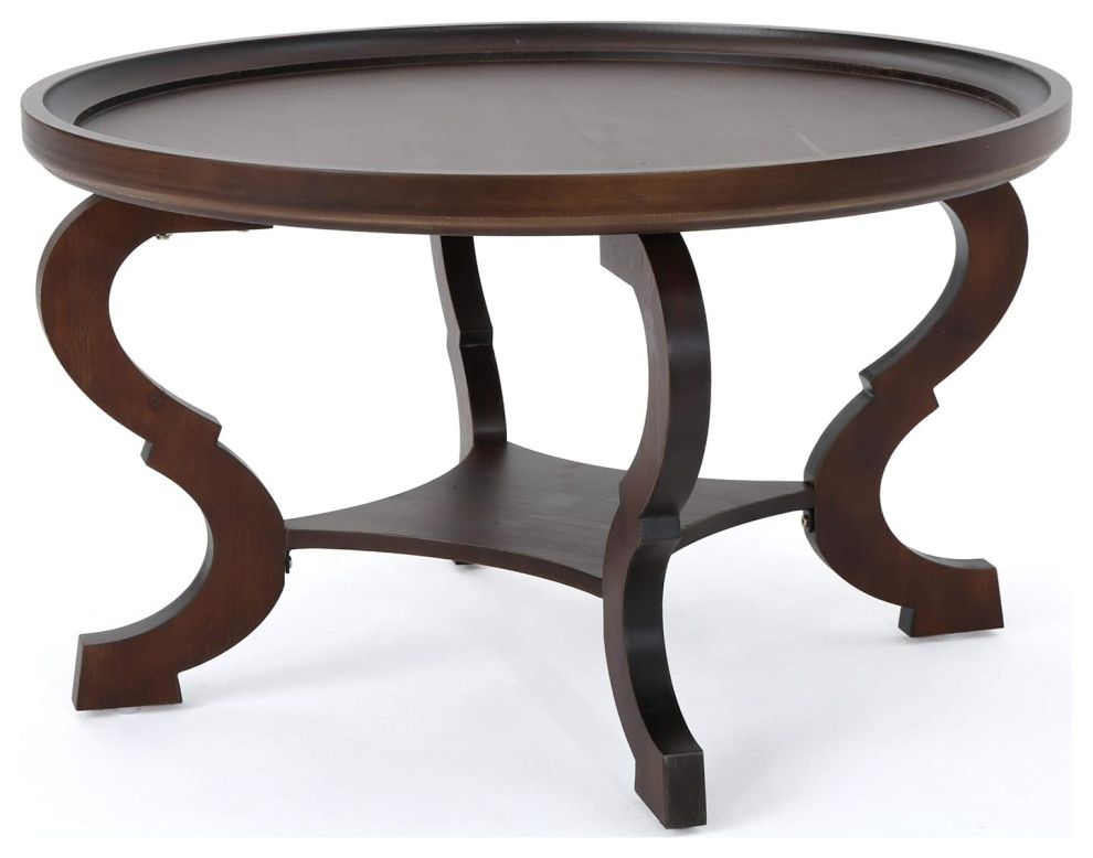 Traditional Coffee Table, Curved Legs & Round Top With Raised Edges ...