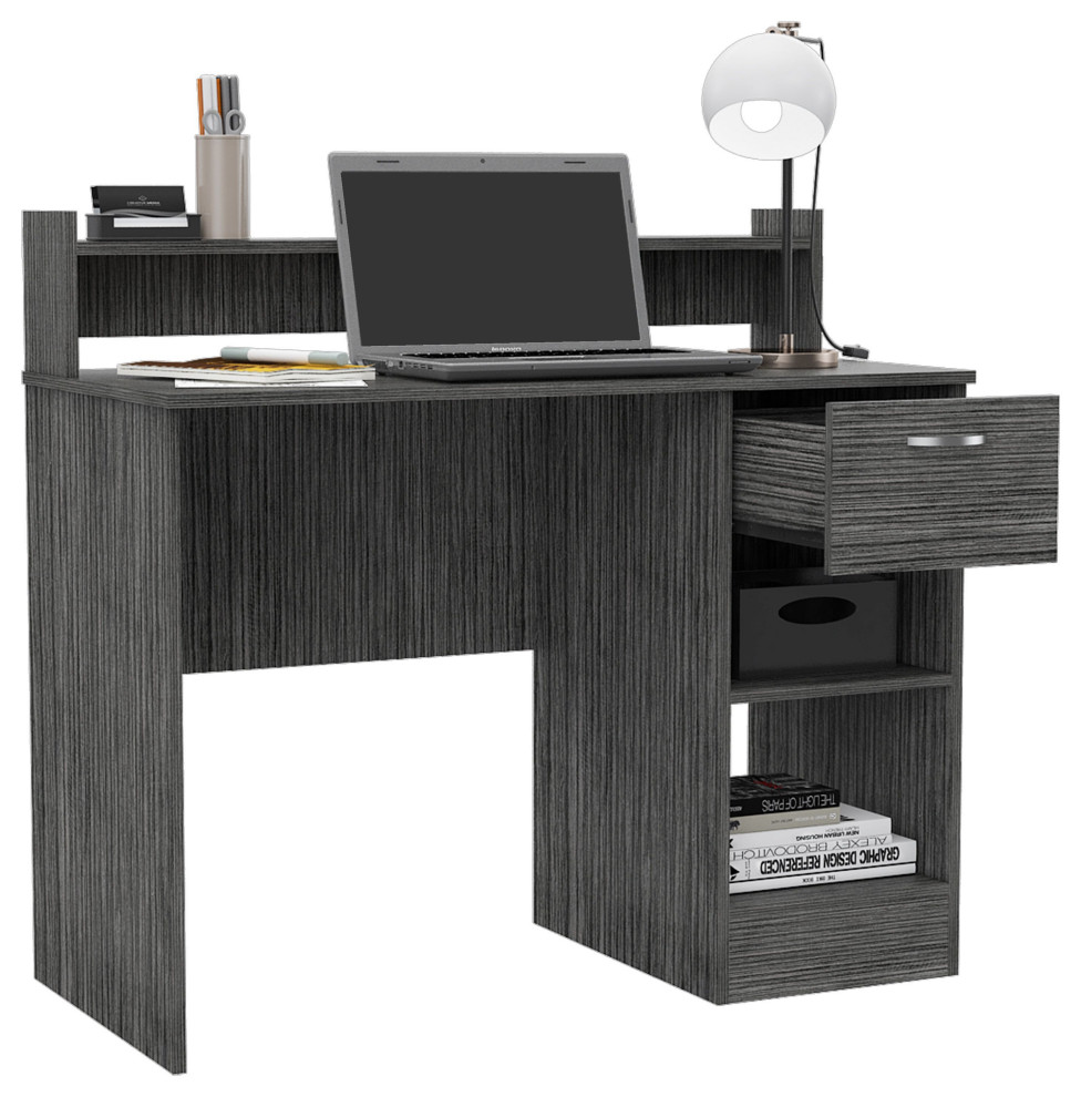 Vera Computer Desk with 2 Storage Shelves, Built-in Drawer, Smokey Oak ...