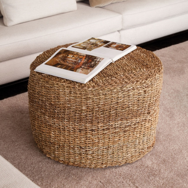 Round Woven Seagrass Curved Pouf Natural Fibers Coastal Cottage Ottoman Table - Beach Style ...