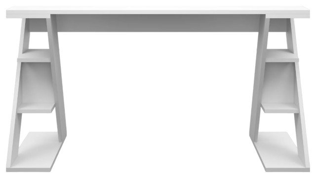 Modern Desk, Elegant Design With Metal Frame & Side Open Shelves, White ...