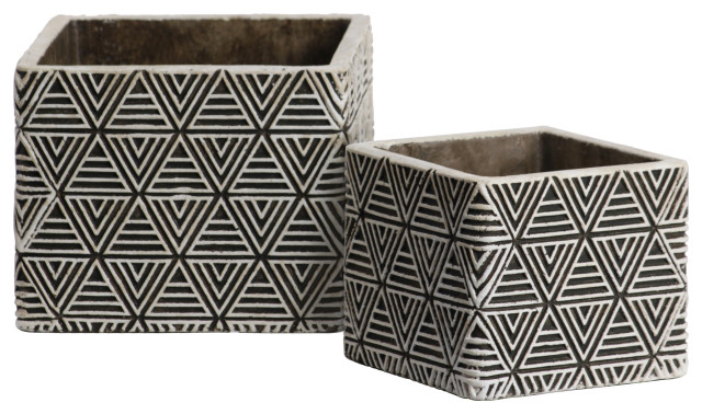 Square Cement Pot with Embossed Triangle Design, Set of 2, Black and ...
