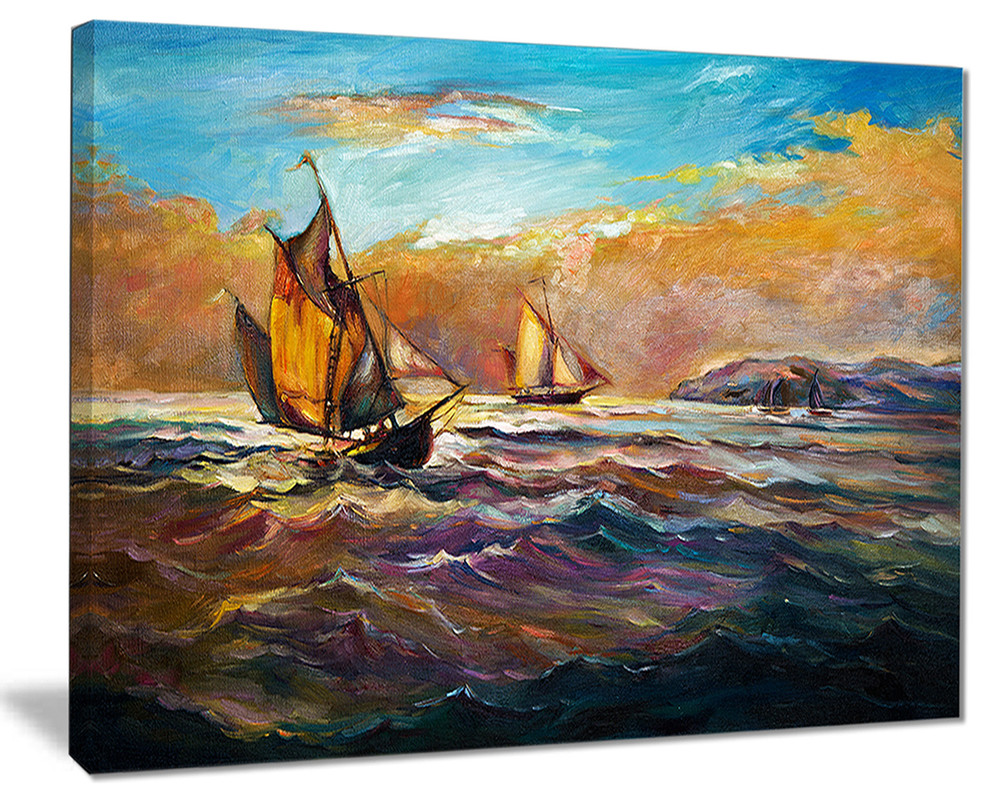 "Boats in Roaring Sea" Canvas Print, 20"x12" - Beach Style - Prints And ...