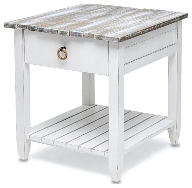 Sea Wind Florida Picket Fence Wood End Table with Drawer in White/Blue ...