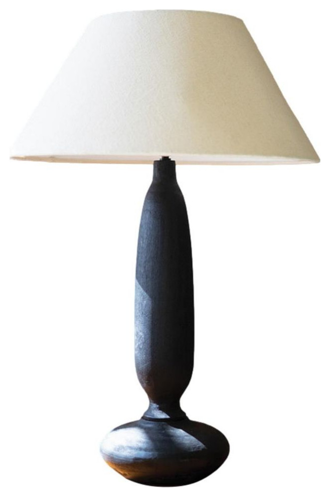 Carved Sleek Black Wood Table Lamp White Shade Minimalist 30 in Modern ...