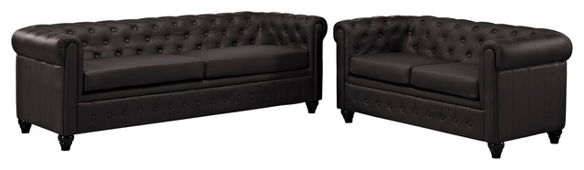 Modern Contemporary Vinyl Living Room 2-Piece Set, Brown, Fabric ...