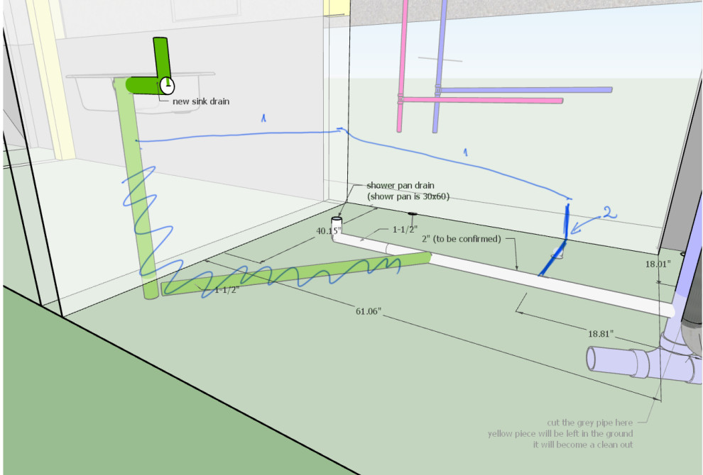 Can I run a sink drain along walls to reach where the sink used to be