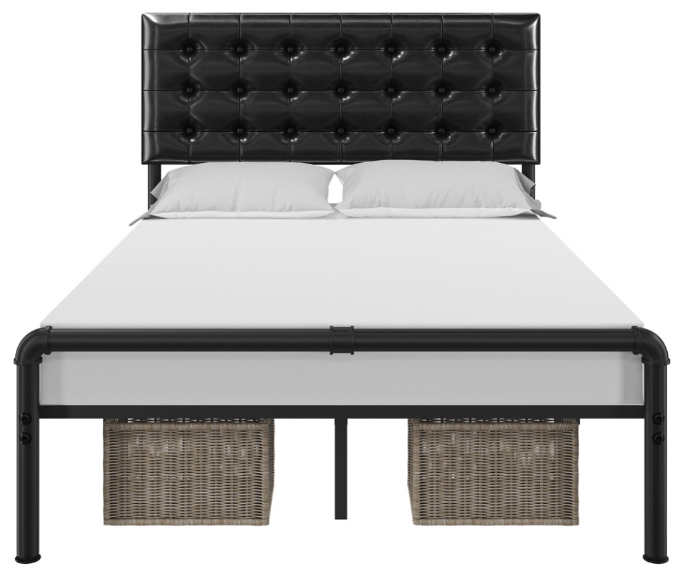 Platform Bed, Pipe Metal Frame & Tufted Faux Leather Headboard, Queen ...