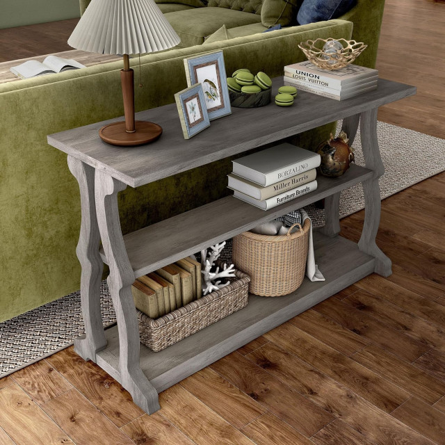 Farmhouse Console Table, Curved Accented Sides With 2 Shelves, Vintage ...