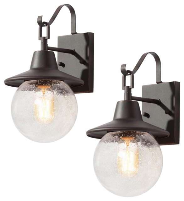 1-Light Bronze Seeded Glass Globe Outdoor Wall Lamp, Set of 2 ...