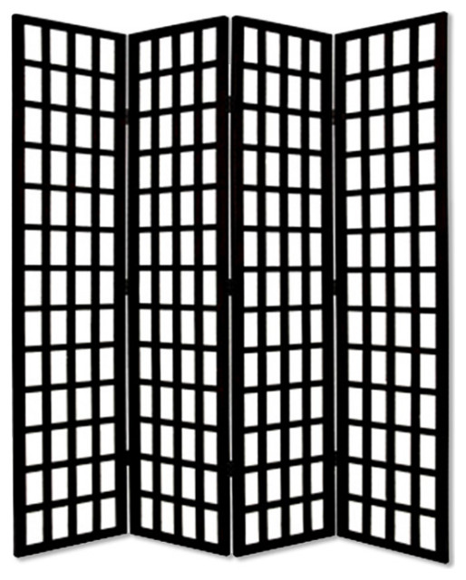 HomeRoots 1" x 80" x 96" Black, 4 Panel, Floor, Wood, Window Pane ...