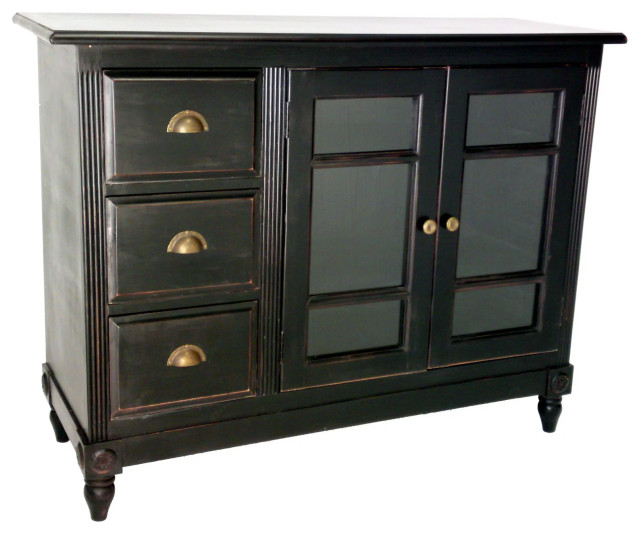 Traditional Sideboard, 2 Glass Doors & 3 Drawers With Brass Hardware ...