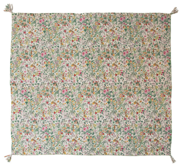 Quilted Cotton Throw With Floral Pattern, Kantha Stitch and Tassels ...
