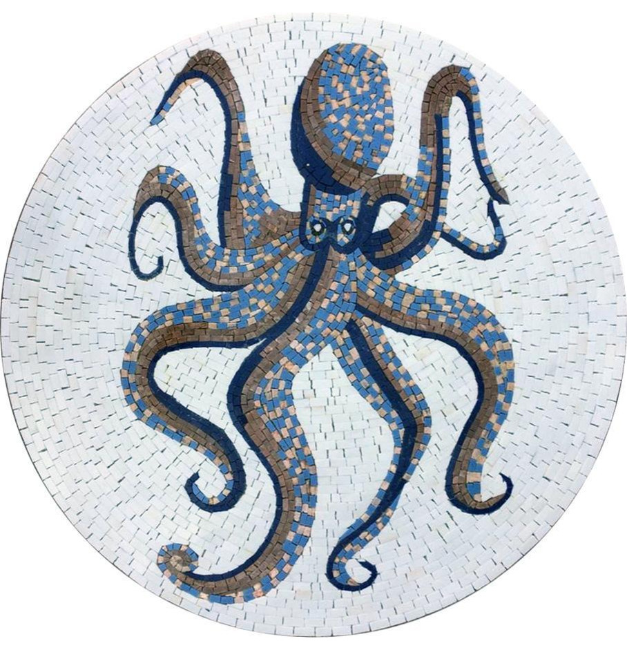 Blue Octopus Mosaic - Mosaic Medallion, 72" x 72" - Beach Style - Tile ...