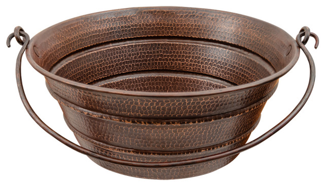 16" Round Bucket Vessel Hammered Copper Sink With Handles - Traditional ...