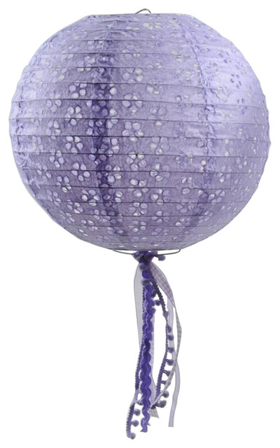 Tea Garden Purple Floral Cut-Out Chinese Paper Lantern With Pom Pom ...