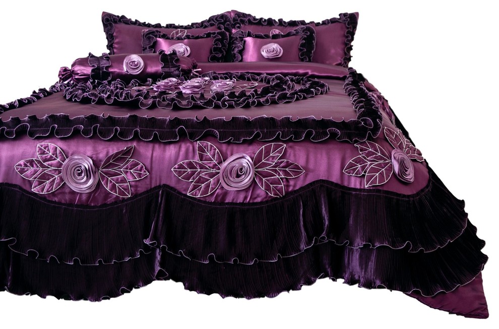 Purple Midnight Bloom Faux Satin Ruffle Comforter Set, Queen ...
