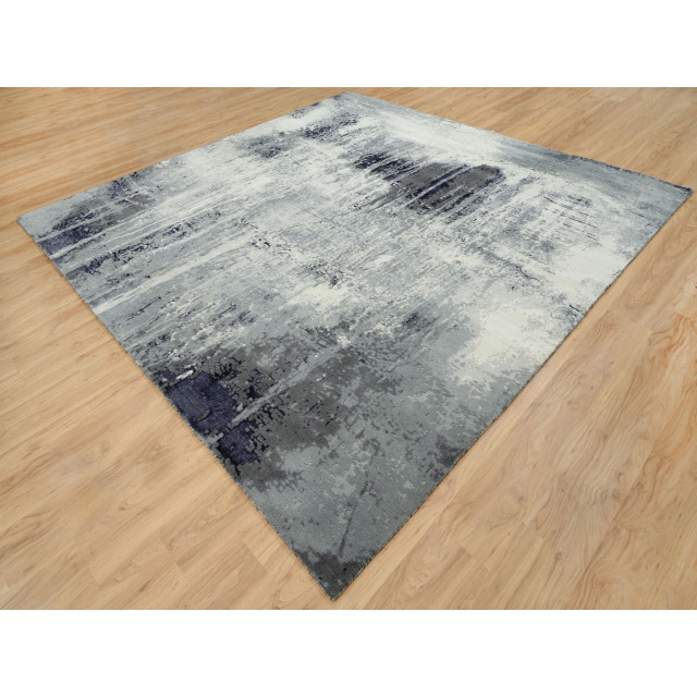 Black, Abstract Design, Wool and Silk, Hand Knoted, Square, Rug, 10'0 ...