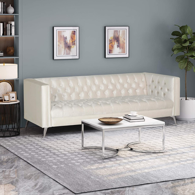 Elegant Sofa, Silver Legs and Diamond Button Tufted Velvet Seat ...