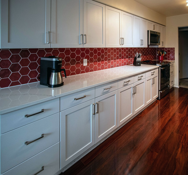 Reface Kitchen Cabinets with Red Hexa Tile Backsplash and Quartz ...
