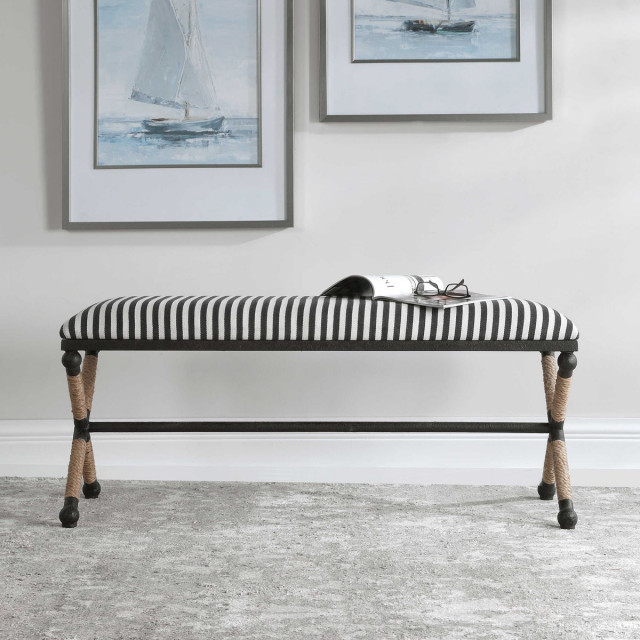 Nautical Rope Striped Long X Bench Coastal Cottage Navy Blue White ...