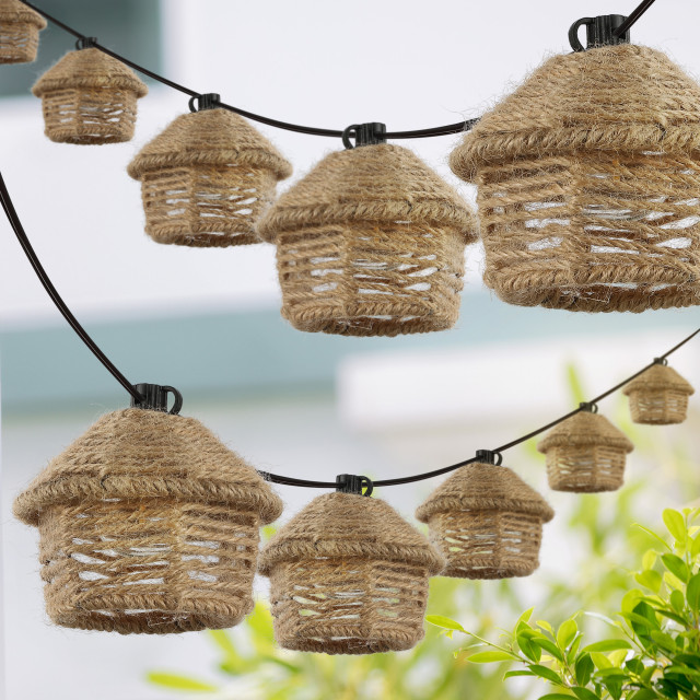 10-Light Indoor/Outdoor 10 ft G40 Tiki Hut Hemp Rope Shaded String ...