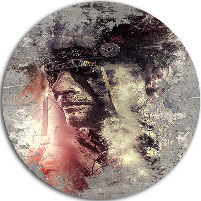 Native American Indian Warrior, Portrait Round Metal Wall Art, Disc of ...