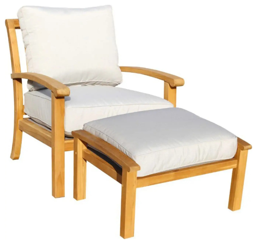 Outdoor Lounge Chair With Ottoman, Teak Wood Frame With Olefin Fabric ...