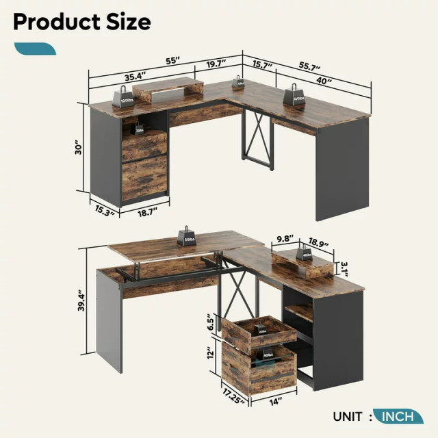 L-Shaped Desk, Large Worktop With Monitor Stand & Lift Up Portion ...