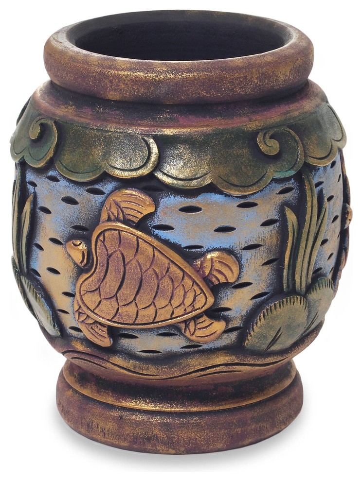 Turtle Oasis Decorative Wood Vase - Beach Style - Vases - by NOVICA | Houzz