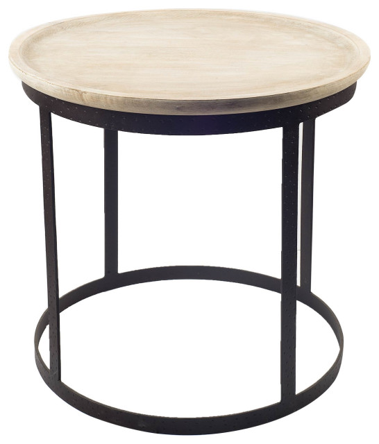 HomeRoots Light Brown Wood Round Top Accent Table With Black Iron Base ...