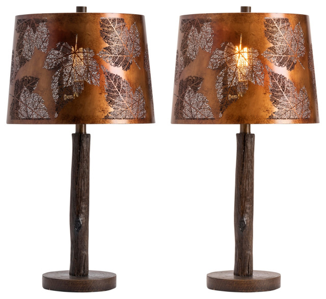 27"H Brown Resin Table Lamps With Bronze Tapered Drum Shade, Set of 2 ...