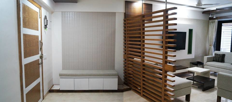 Vestibule Seating with Storage and Separate living room using wooden ...