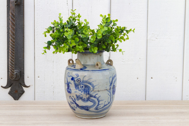 Vintage Colorful Asian Blue & White Pot - Asian - Vases - by De-cor | Houzz