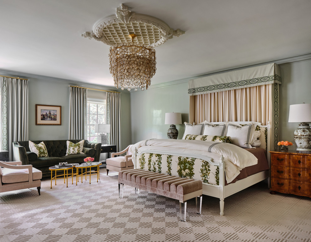 High gloss walls in a European-inspired traditional primary bedroom ...