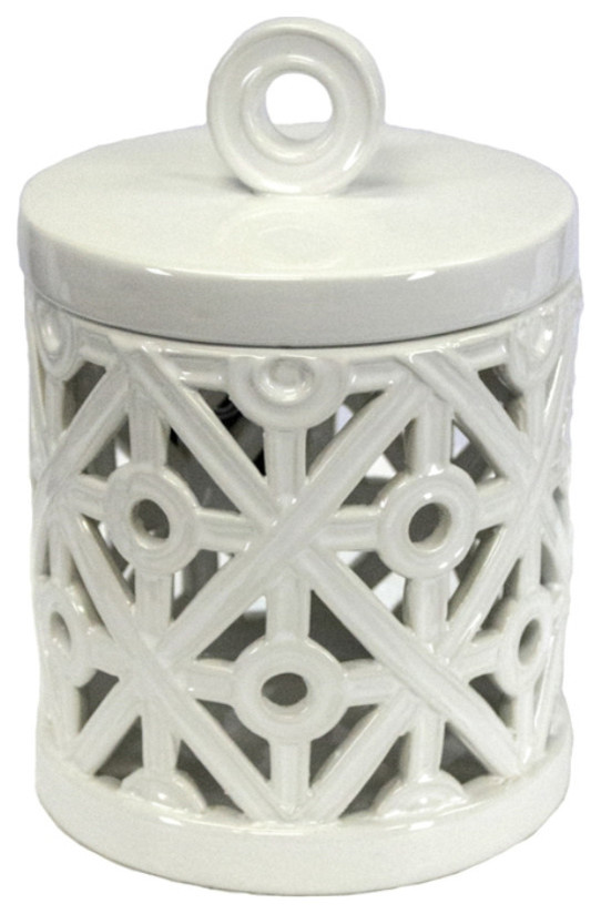 decorative Ceramic Canister With Ring Handle, White - Contemporary ...
